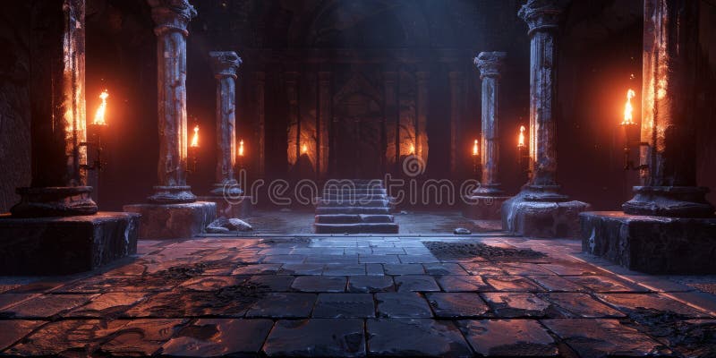 Exploring a Fascinating Ancient Temple Hall Filled with Glowing Torches ...