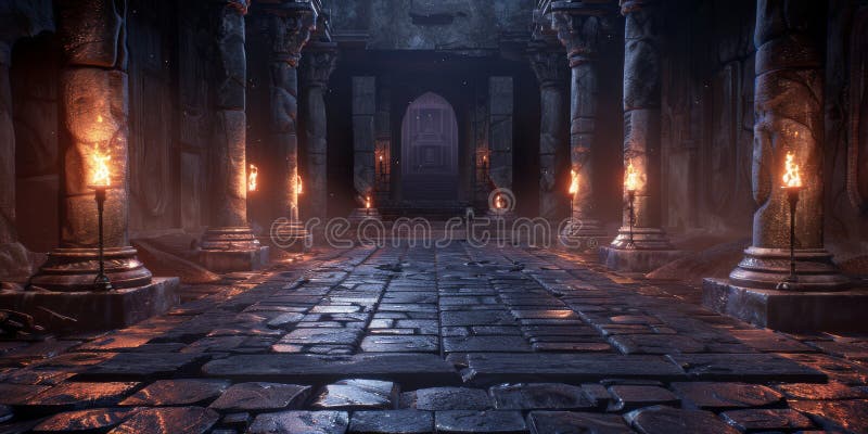 Exploring a Fascinating Ancient Temple Hall Filled with Glowing Torches ...