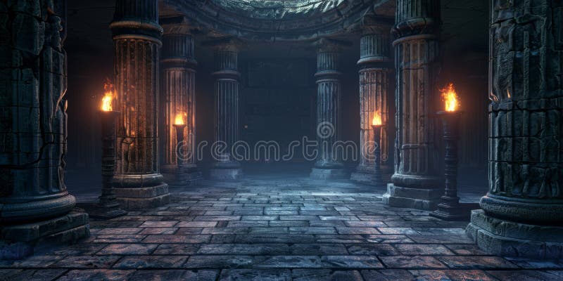 Exploring a Fascinating Ancient Temple Hall Filled with Glowing Torches ...