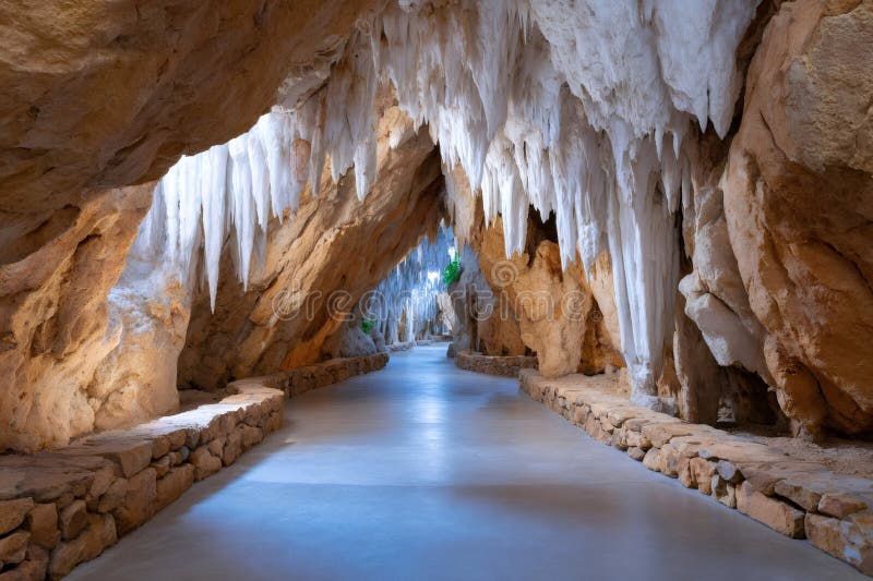 Exploring a Fascinating Cave with Stalactites and Paved Pathway Stock ...