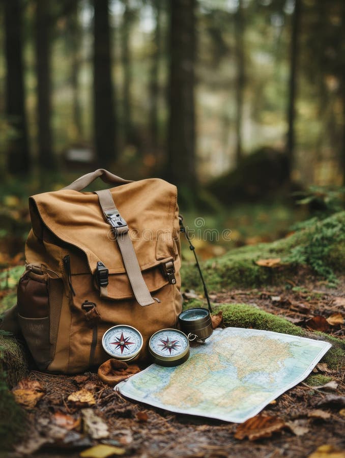 Exploring the Forest with a Backpack, Compass, and Map on a Sunny Day ...