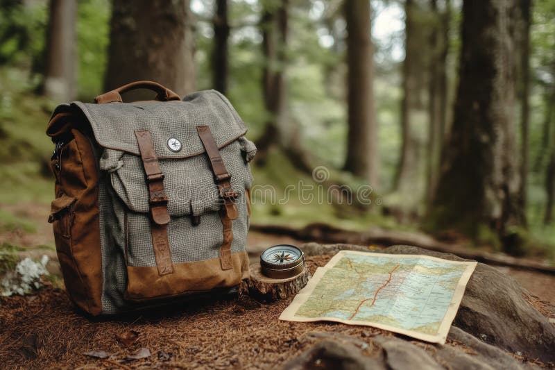 Exploring the Forest with a Backpack, Compass, and Map Surrounded by ...