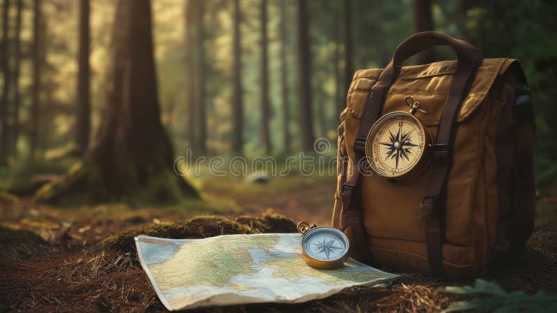 Exploring the Forest with a Compass, Map, and Backpack on a Sunlit ...
