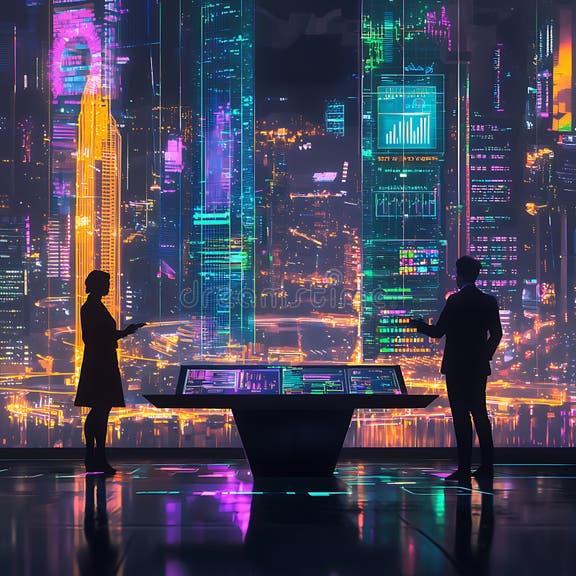 Exploring the Future Business Professionals Analyzing Data Amidst a Vibrant Futuristic Cityscape ...