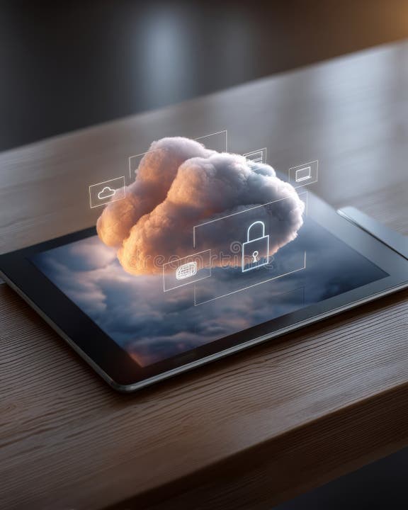 Exploring the Future of Cybersecurity with a Tablet Displaying a Cloud ...