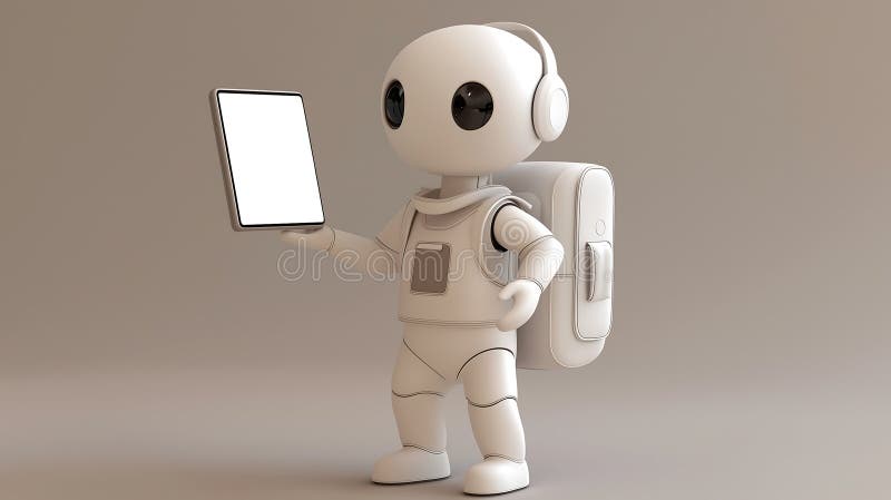 Exploring the Future a Friendly Robot Character Holding a Tablet in a ...