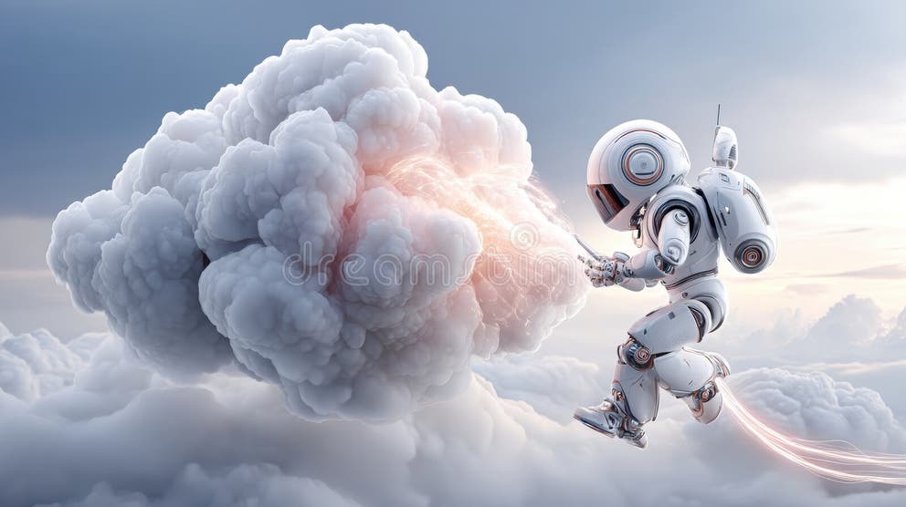Exploring the Future: a Robot Soaring through Clouds Symbolizing Innovation and Technology ...