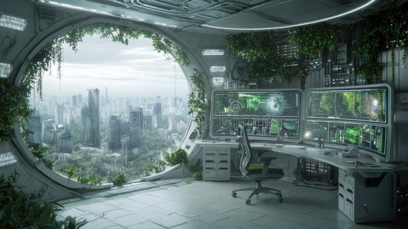 Exploring the Future of Work in a Smart Office with a City View and Digital Transformation Stock ...