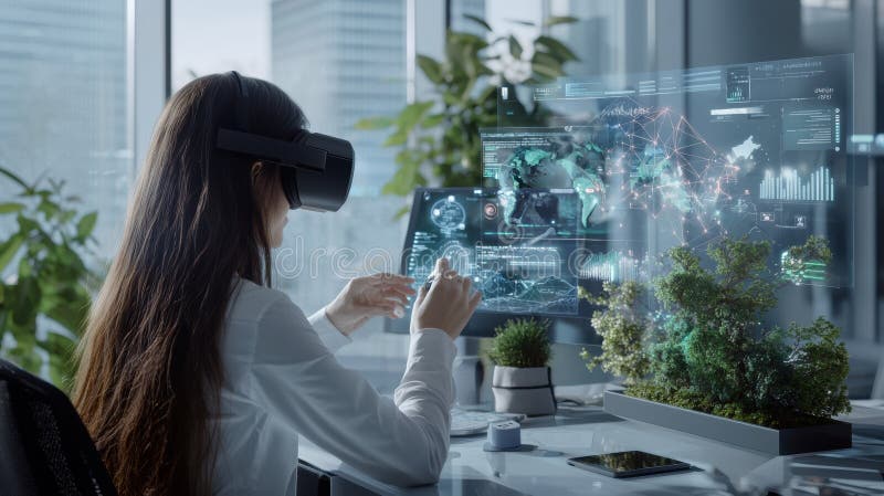 Exploring the Future of Work: a Woman Engaged in Virtual Reality in a ...