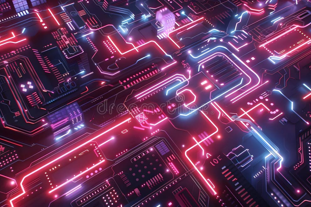 Exploring Futuristic Circuits, Neon Lights Illuminate Complex ...