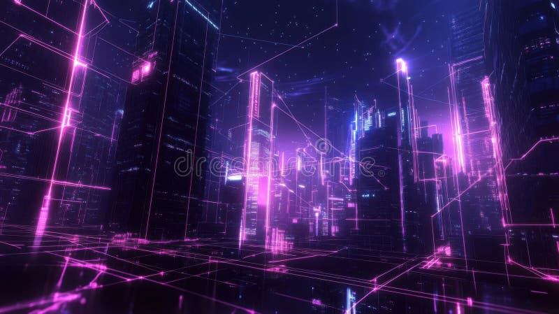 Exploring a Futuristic City S Neon Glow and Digital Network Stock ...