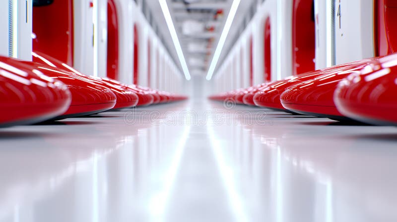 Exploring a Futuristic Corridor with Sleek Red Profiles and Bright ...
