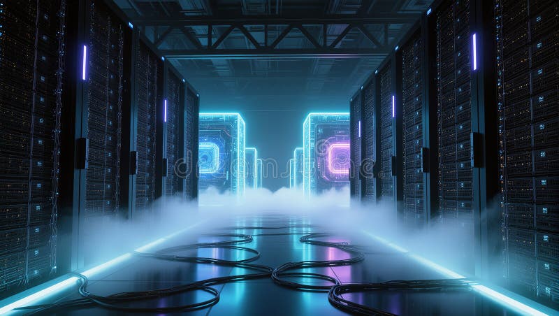 Exploring the Futuristic Data Center with Glowing Servers and Mist ...