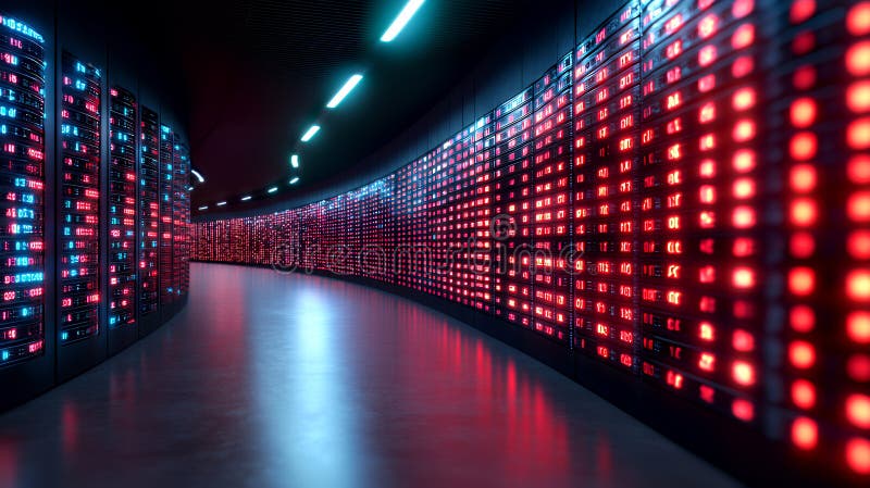 Exploring a Futuristic Data Center with Vibrant Led Displays and Curved ...