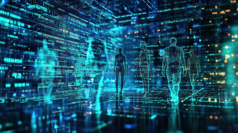 Exploring a Futuristic Digital Realm Filled with Human Silhouettes and ...