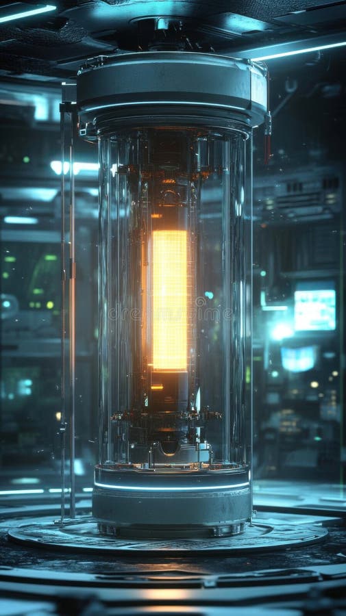 Exploring a Futuristic Energy Core, Glowing Glass Container in a High ...