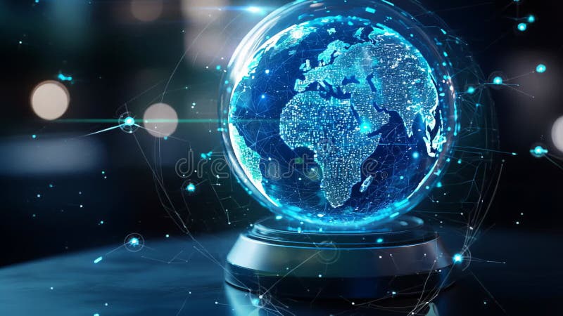 Exploring a Futuristic Glowing Blue Earth Globe Showcasing Illuminated ...