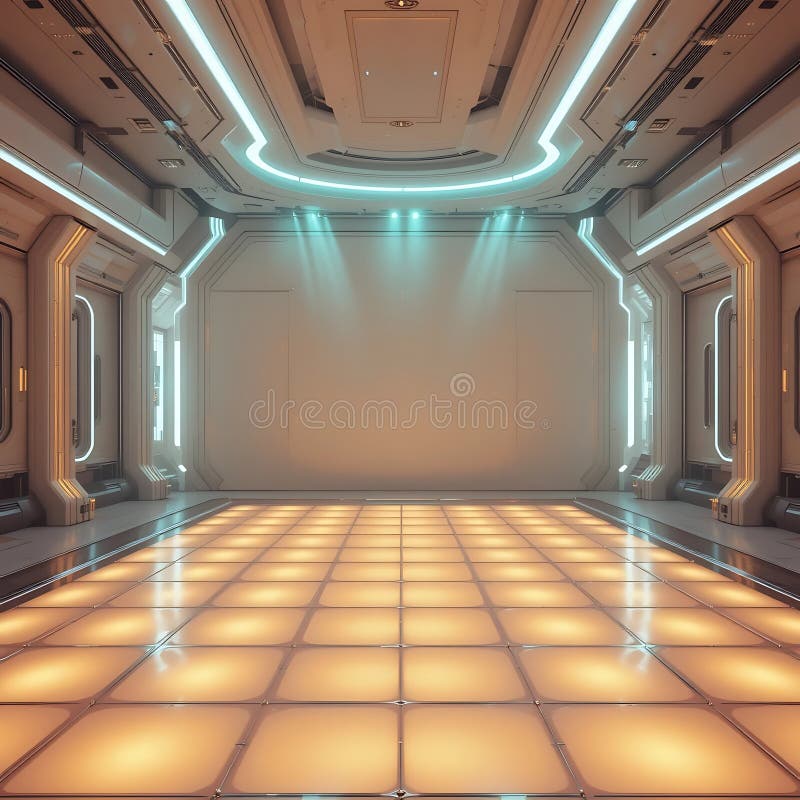 Exploring Futuristic Interior Empty Space Station Room with Illuminated ...