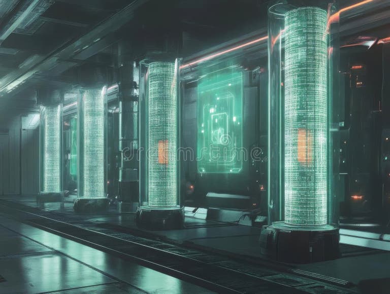 Exploring Futuristic Server Room, Glowing Data Columns and Digital ...