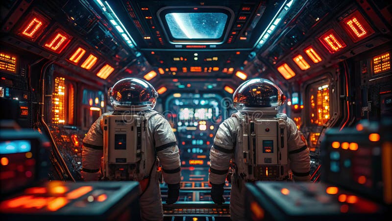 Exploring Futuristic Space Station, Two Astronauts Navigate High Tech ...