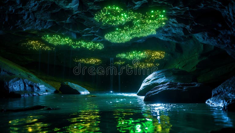 Magical Underground River with Glowing Ceiling in Dark Cave Stock ...