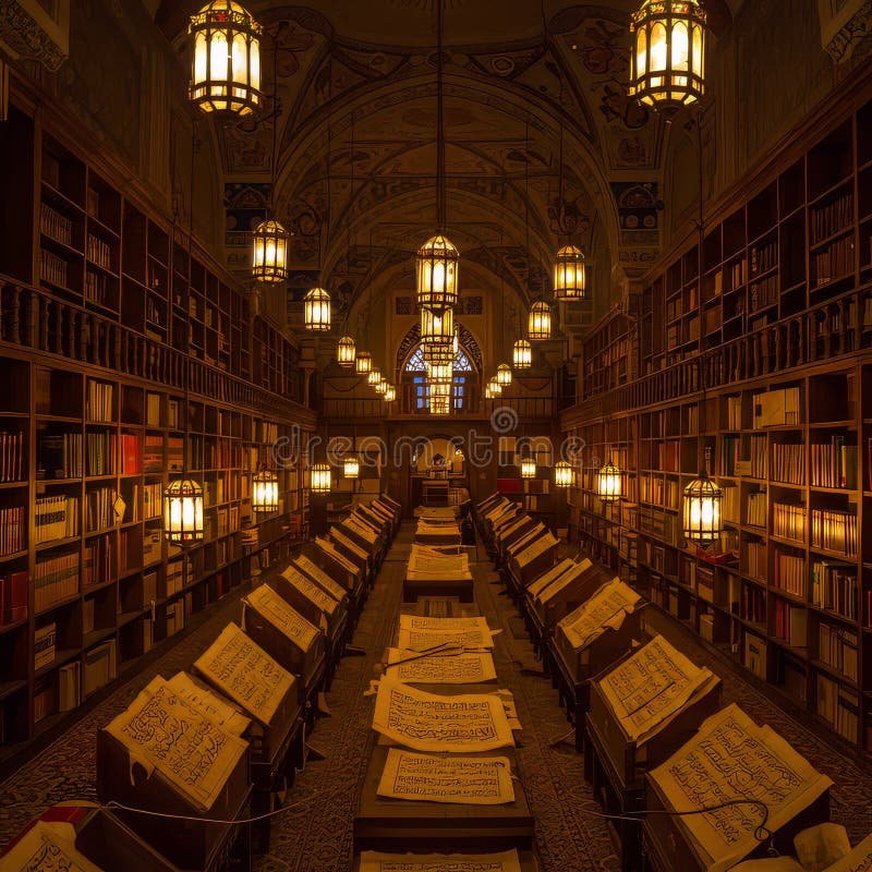 Exploring a Grand Library with Books and Lanterns Creating a Warm ...