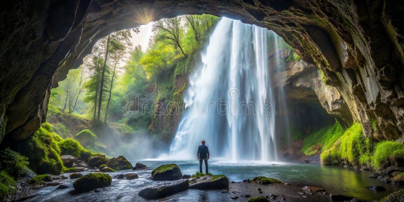 Exploring a Hidden Cave Behind a Thundering Waterfall AI-Generated ...