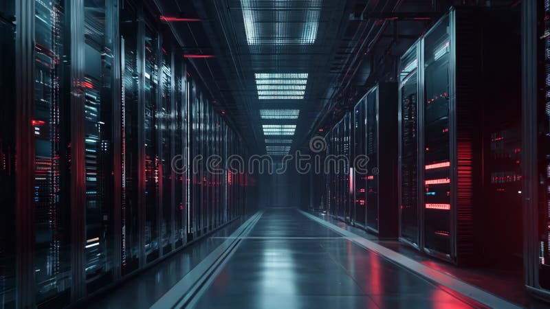 Exploring A High Tech Data Center With Illuminated Server Racks Stock