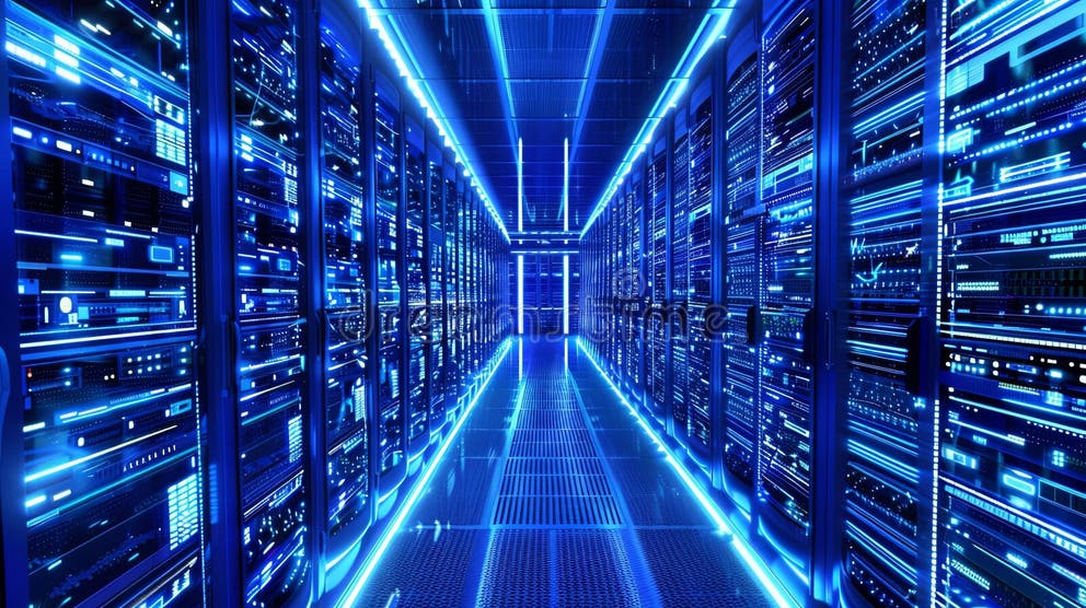 Exploring a High-tech Digital Data Center Featuring Illuminated Server Racks and Advanced ...