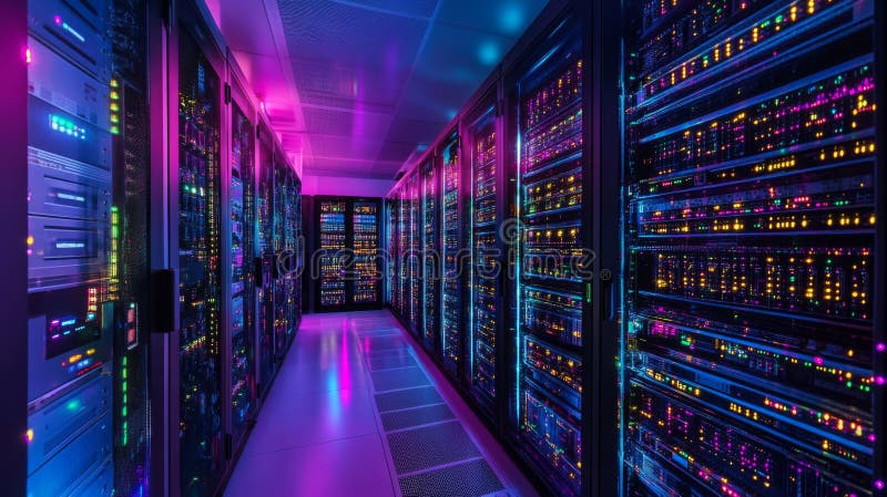Exploring a High-tech Server Room Illuminated with Vibrant Colored ...