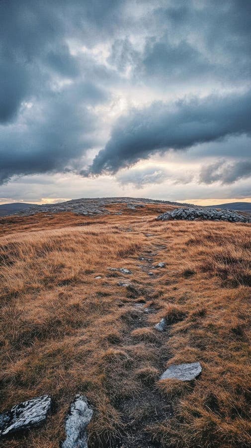Exploring a Hilltop Path Under Dramatic Skies Stock Illustration ...