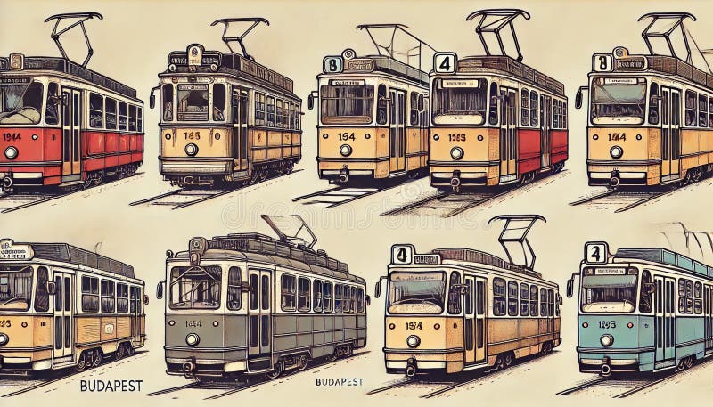 Exploring Historical Budapest Trams Illustrated in Unique Styles Stock ...