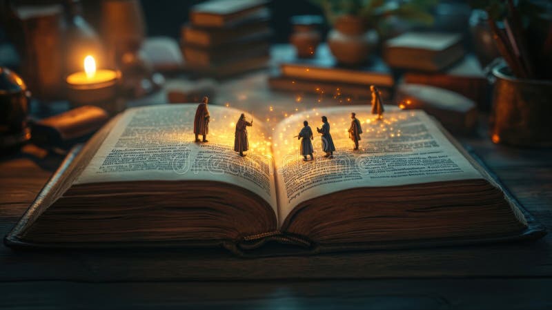 Exploring History As Tiny Figures Emerge from an Open Book at Twilight ...