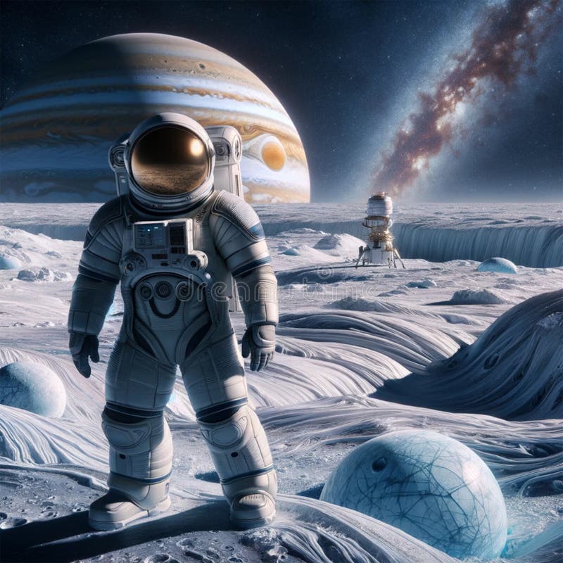 Exploring the Icy Moon: AI Crafted Space Explorer Stock Illustration ...