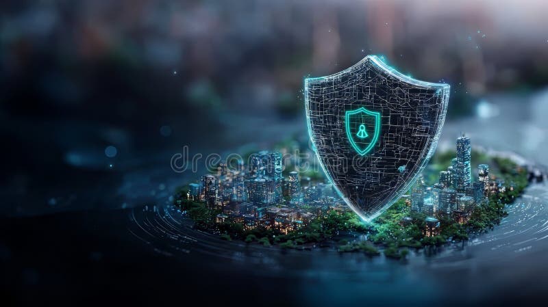 Exploring the Importance of Cybersecurity with a Green Shield Protecting a Cityscape Stock ...