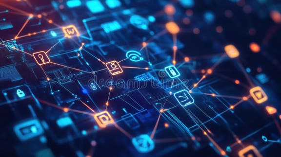 Exploring Interconnected Tech Icons within a Glowing Network on a ...