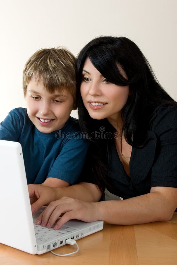Adult and Child Enjoying Computer Time Stock Image - Image of online ...