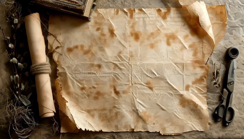 Ancient Parchment Scroll with Aged Paper and Crafting Tools on Rustic ...