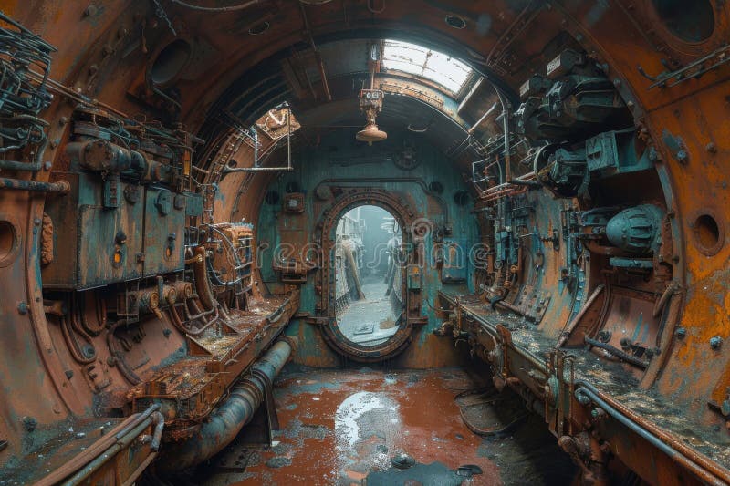Exploring the Intricate Interior of an Old Submarine in a Harbor Stock ...
