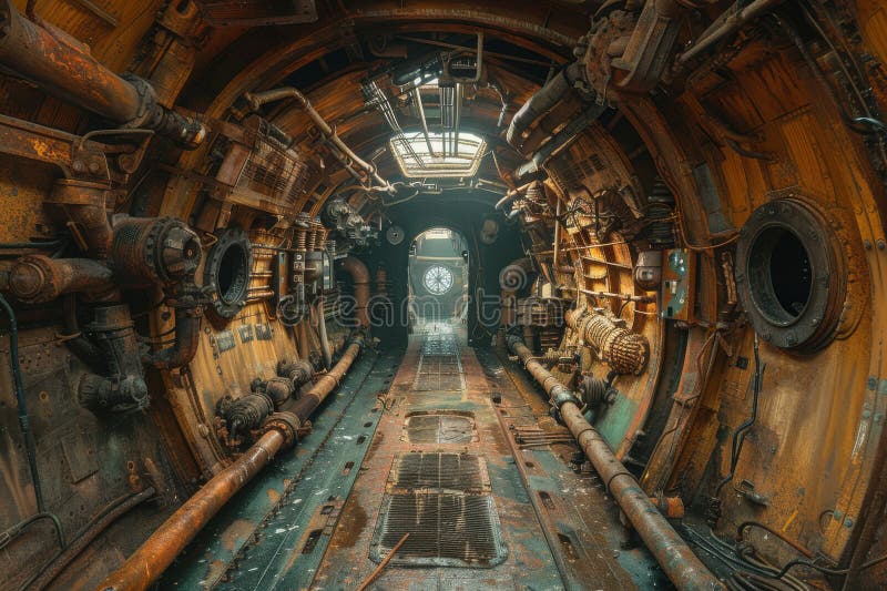 Exploring the Intricate Interior of an Old Submarine with Pipes ...