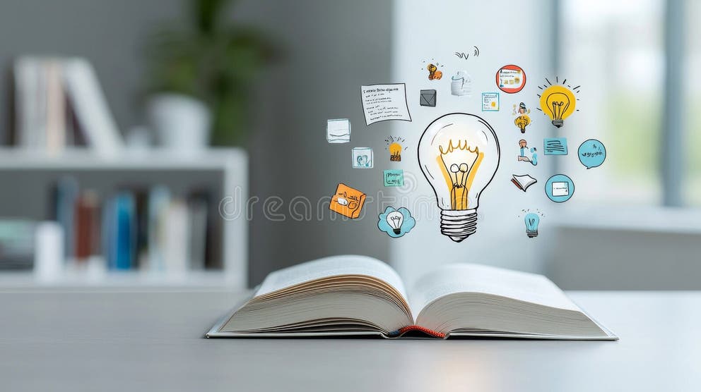 Exploring Knowledge and Innovation: a Glowing Light Bulb Above an Open ...