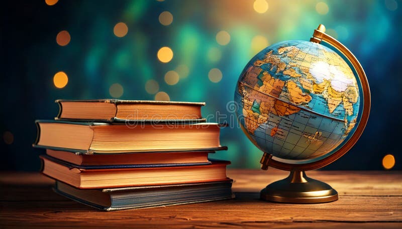 Exploring Knowledge: Stack of Books and Globe on Wooden Surface Stock ...