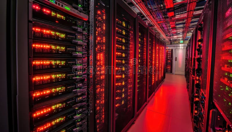 Exploring a Lively Server Room Brimming with Glowing Tech Racks Stock ...
