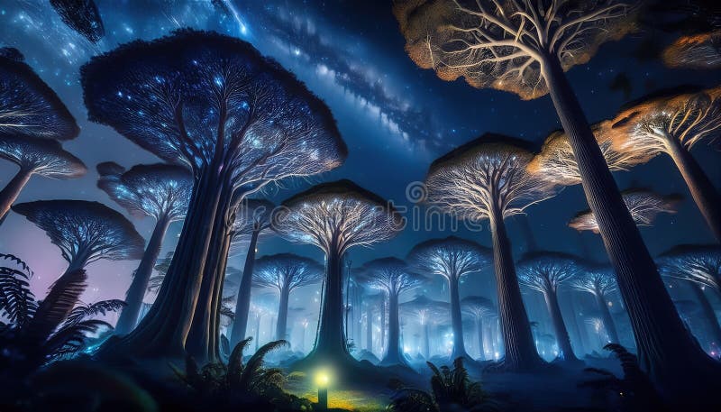 Exploring a Luminous Alien Forest Under a Starry Sky Filled with ...