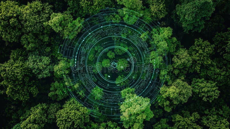 Exploring a Lush Forest with Digital Overlays Aerial View Nature ...