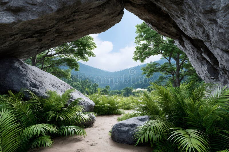 Exploring Lush Tropical Forest from Inside a Cave Opening Stock ...