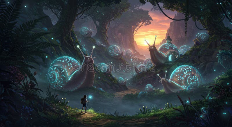 Exploring Magical Snail Valley at Sunset with Glowing Shells Stock ...