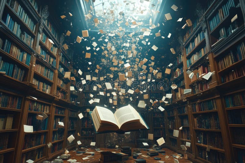 Exploring the Majesty of Towering Library Shelves and Fluttering Book ...