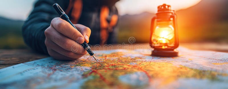 Exploring Map with Pen and Lantern, Marking Coordinates for Adventure ...