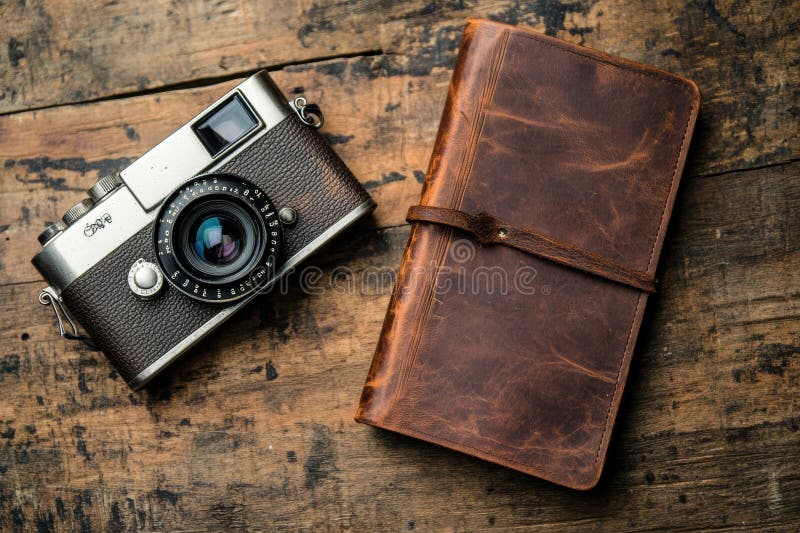 Exploring Memories with an Old Camera and Leather Journal Placed on a ...